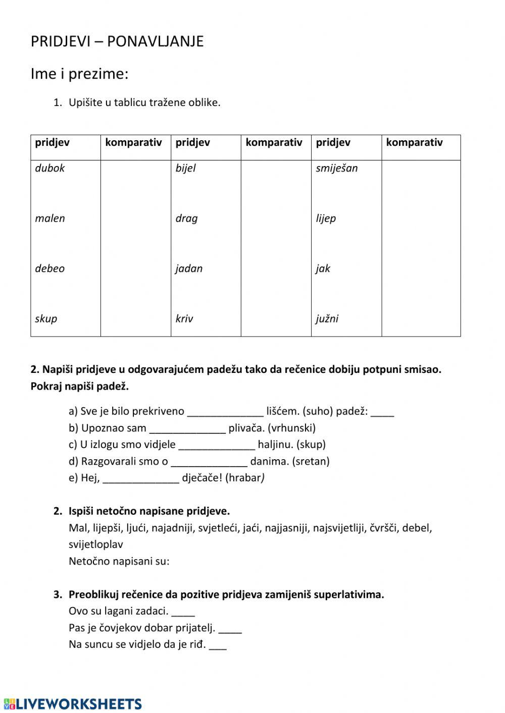 Pridjevi | Free Interactive Worksheets | 89858