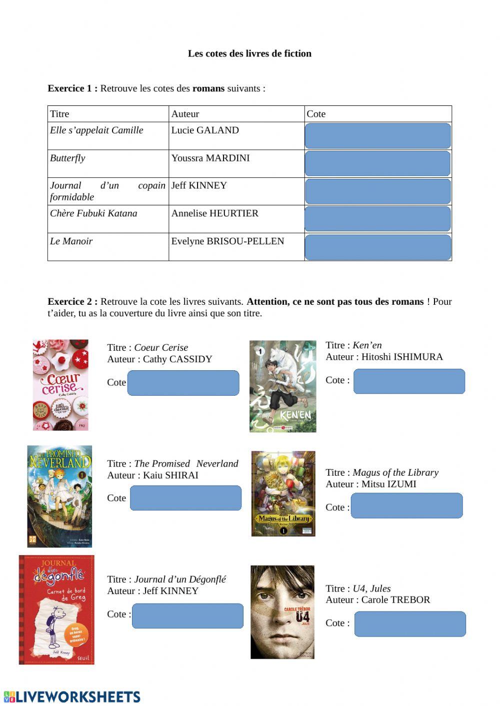 La cote des documents de fiction worksheet | Live Worksheets