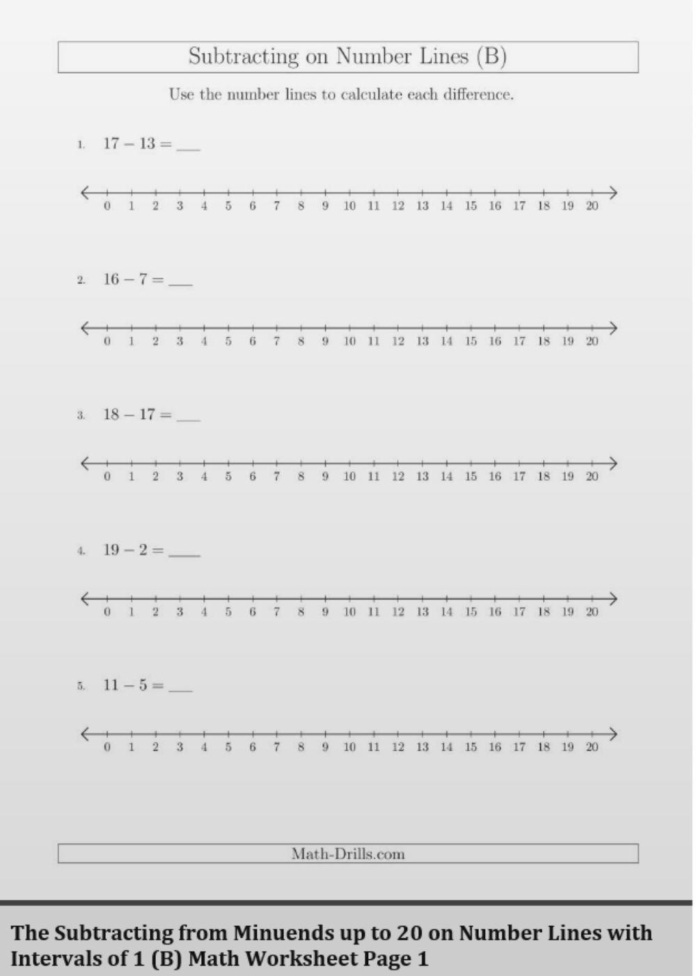 Subtracting within 20 using number line B worksheet | Live Worksheets