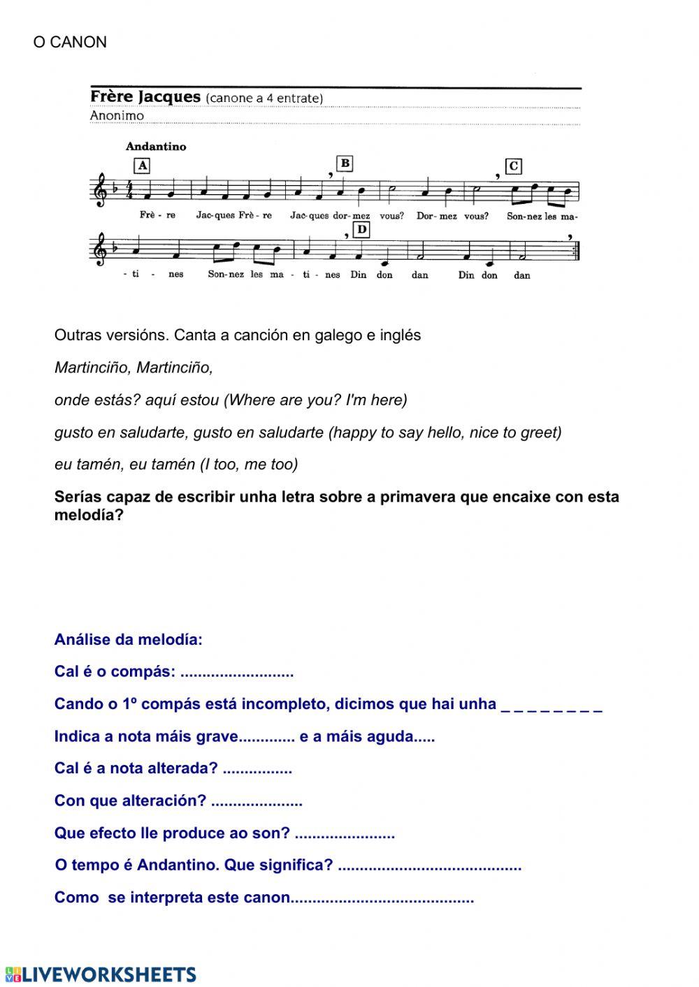Frère Jacques worksheet | Live Worksheets