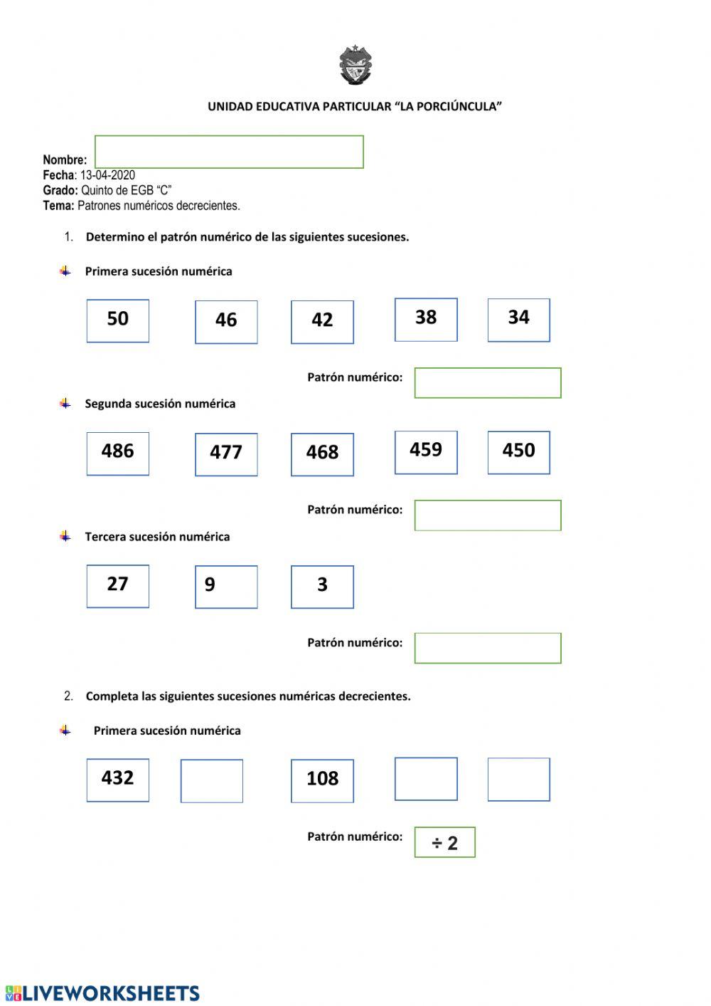 Patrones numéricos decrecientes online exercise for | Live Worksheets
