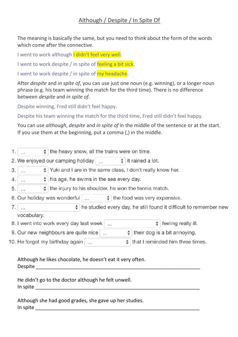 Although vs des… | Free Interactive Worksheets | 172395