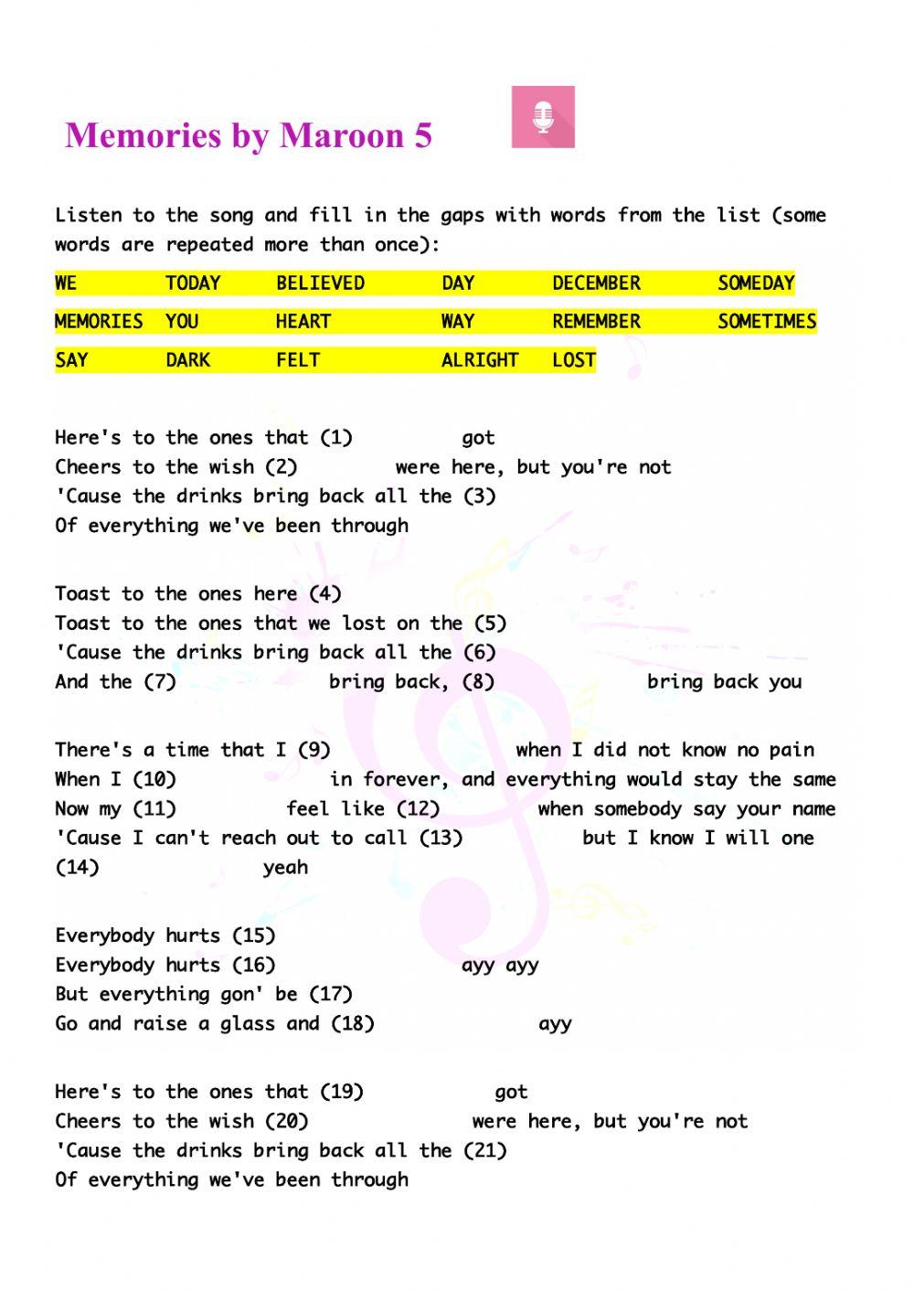 Memories by maroon 5 | Silvia RL | Live Worksheets