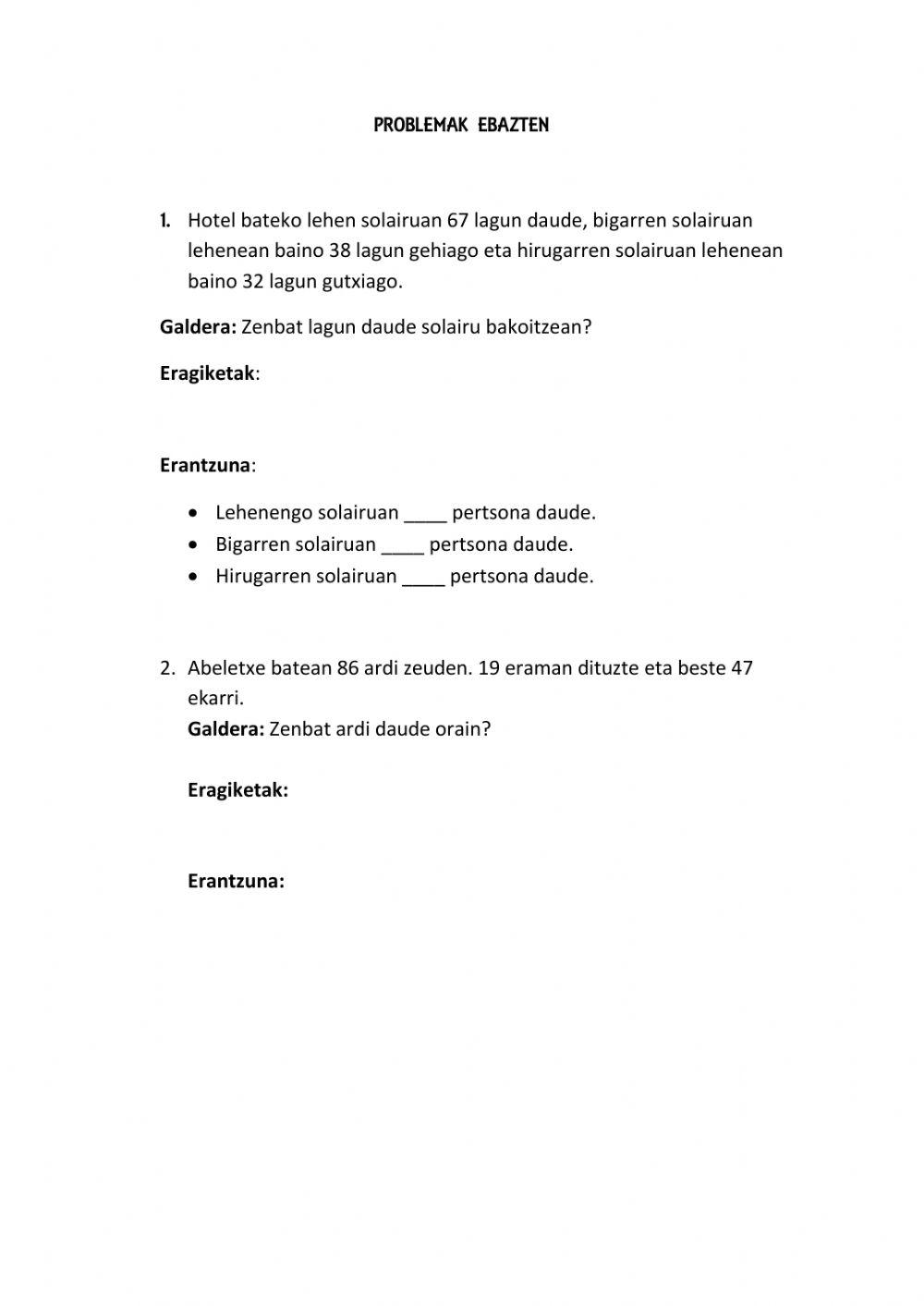 Problemak ebazten interactive worksheet | Live Worksheets