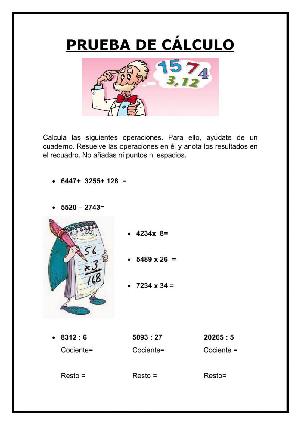 Ficha de cálculo evaluable worksheet | Live Worksheets