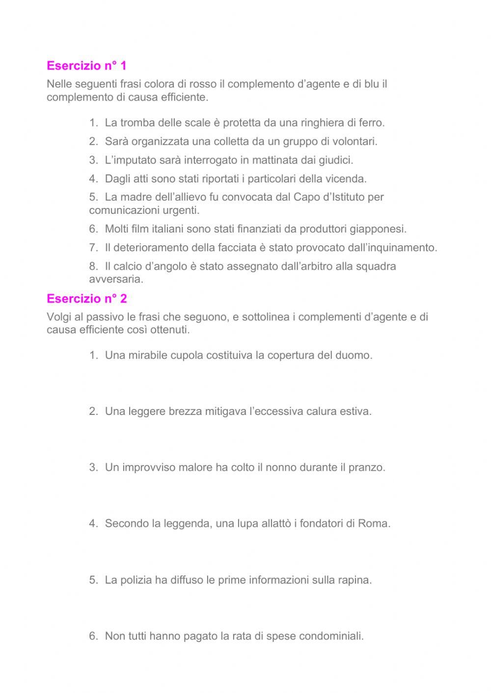 Complemento d'agente e di causa worksheet | Live Worksheets