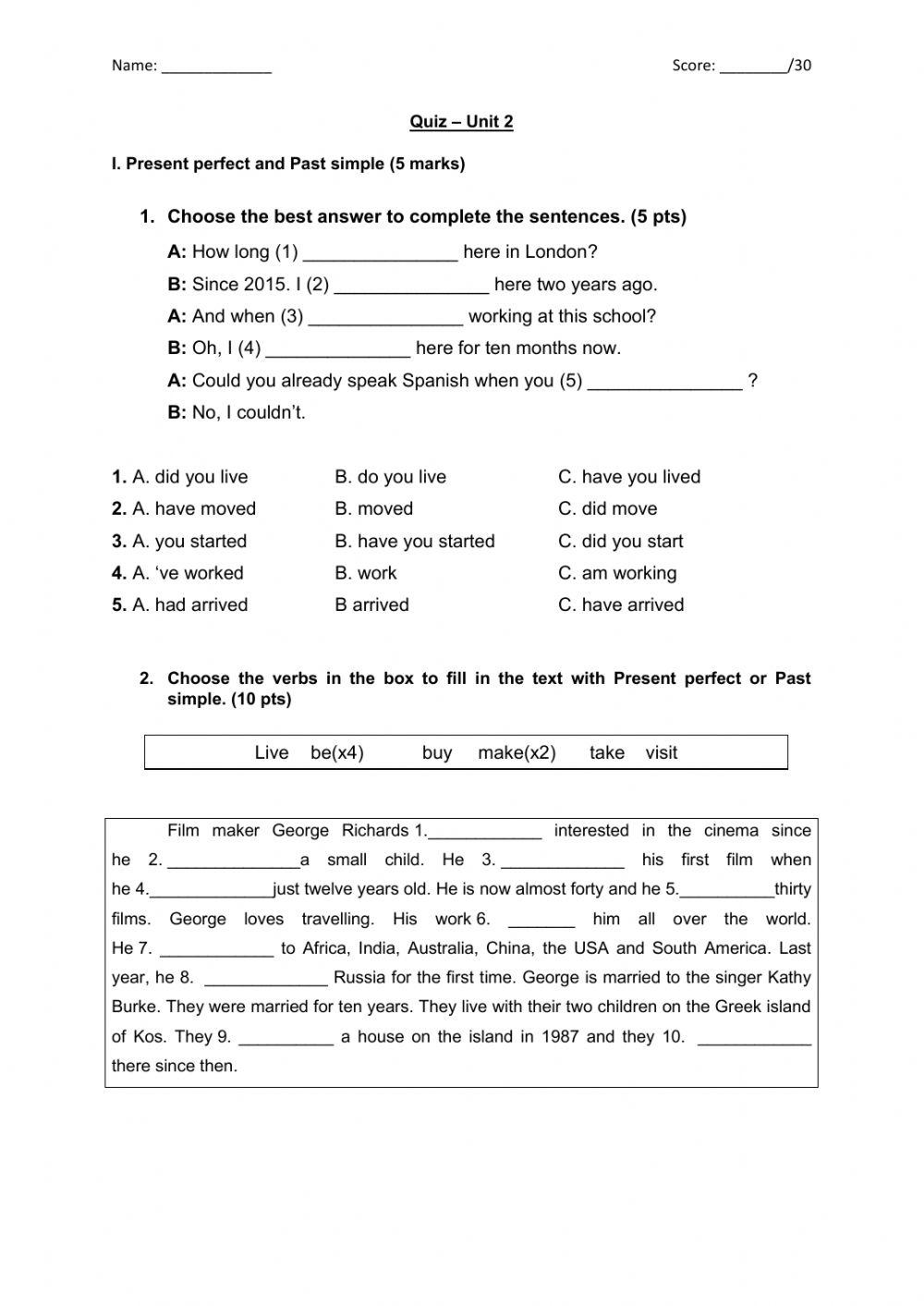 GEP 7A - Quiz (Unit2) worksheet | Live Worksheets