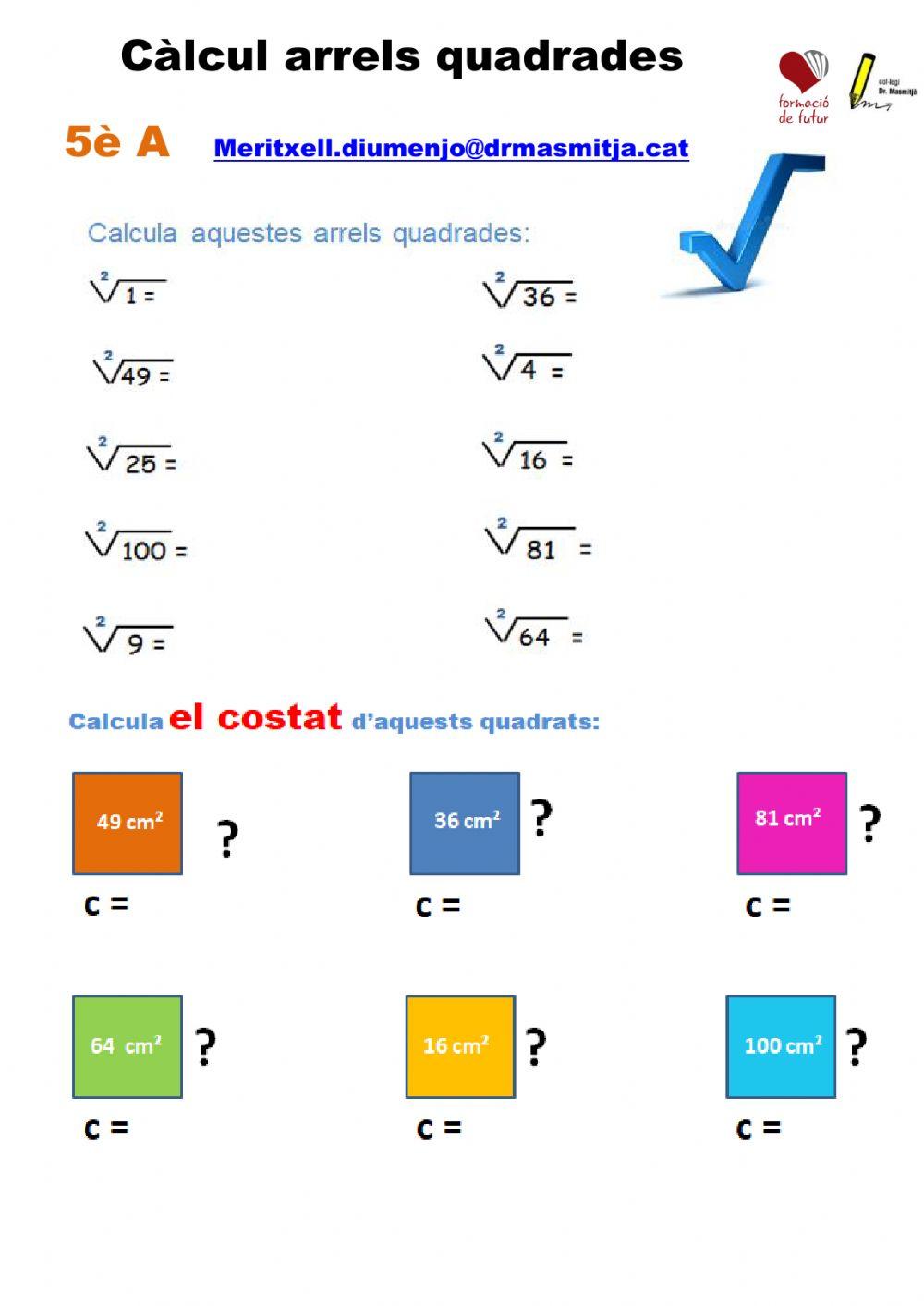 CÀLCUL ARRELS QUADRADES - 5è A - Txell Diumenjó online exercise for ...