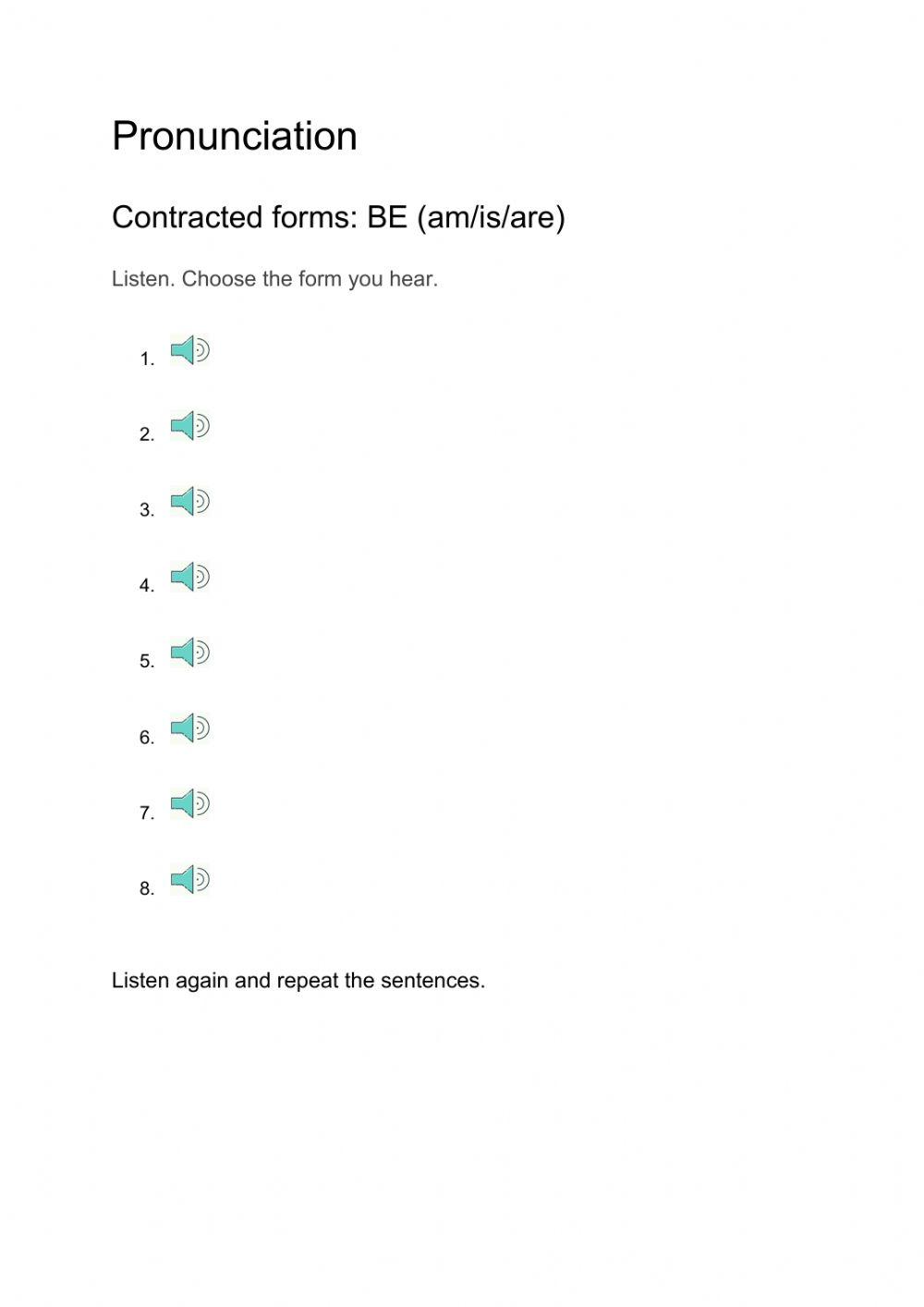 Pronunciation BE contractions worksheet | Live Worksheets