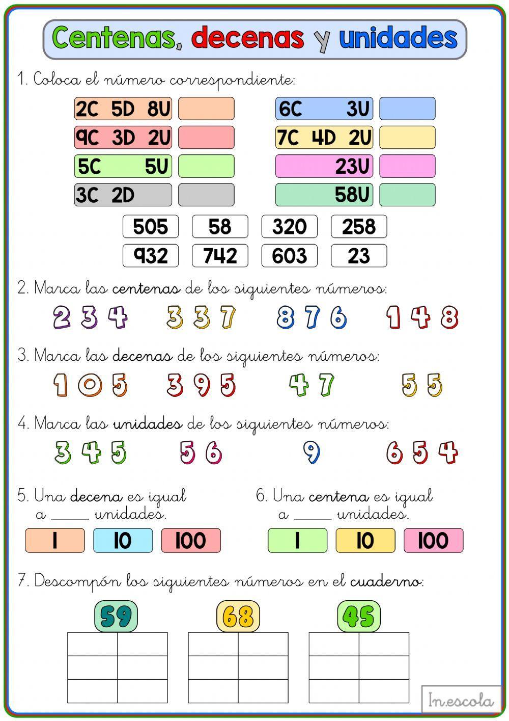 Unidades, decenas y centenas. worksheet - lucox.cl