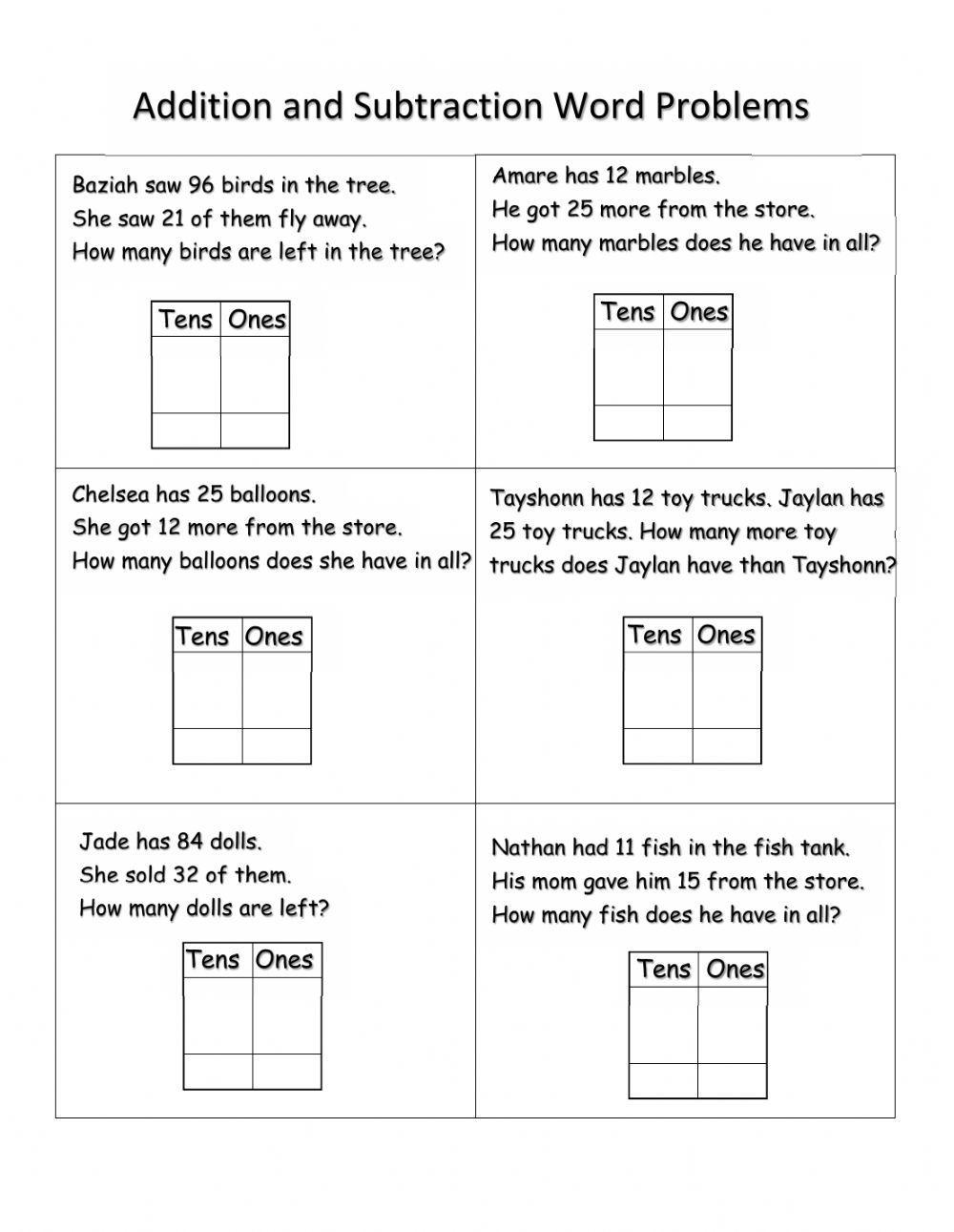 Addition And Subtraction Word Problems Interactive Worksheet Live Addition And Subtraction Word Problems Interactive Worksheet Live