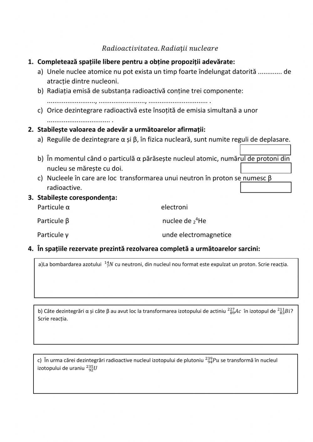 Radioactivitatea. Radiații nucleare. worksheet | Live Worksheets