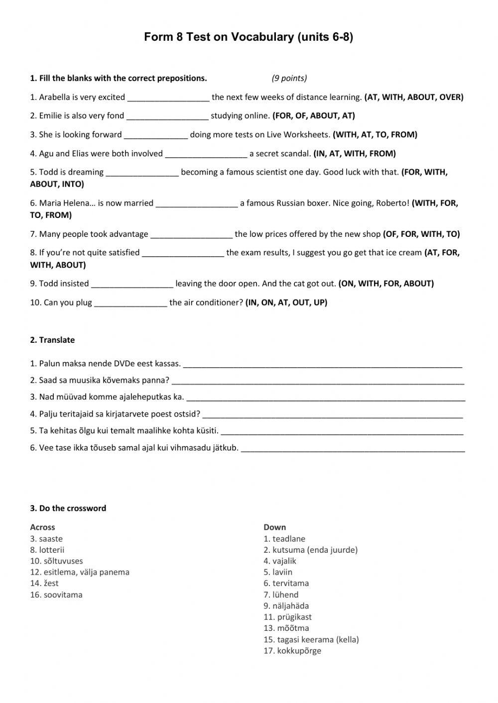 FORM 8 Test on Vocabulary (units 6-8) worksheet | Live Worksheets