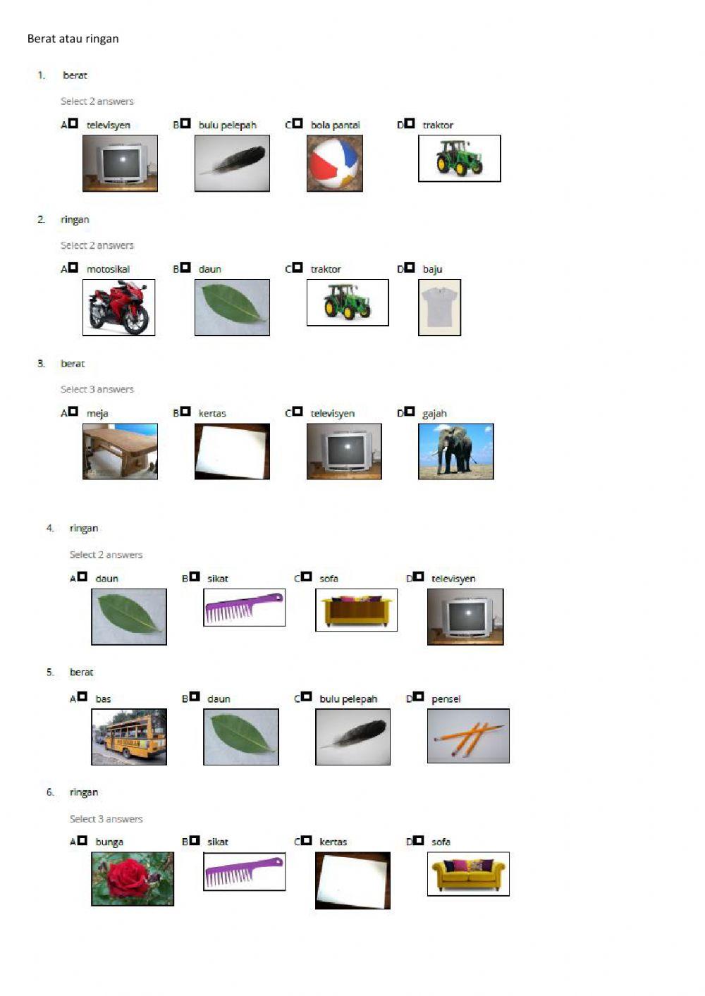 Berat atau ringan worksheet | Live Worksheets