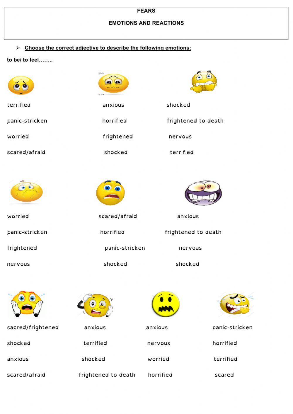 Fears Emotions and reactions worksheet | Live Worksheets