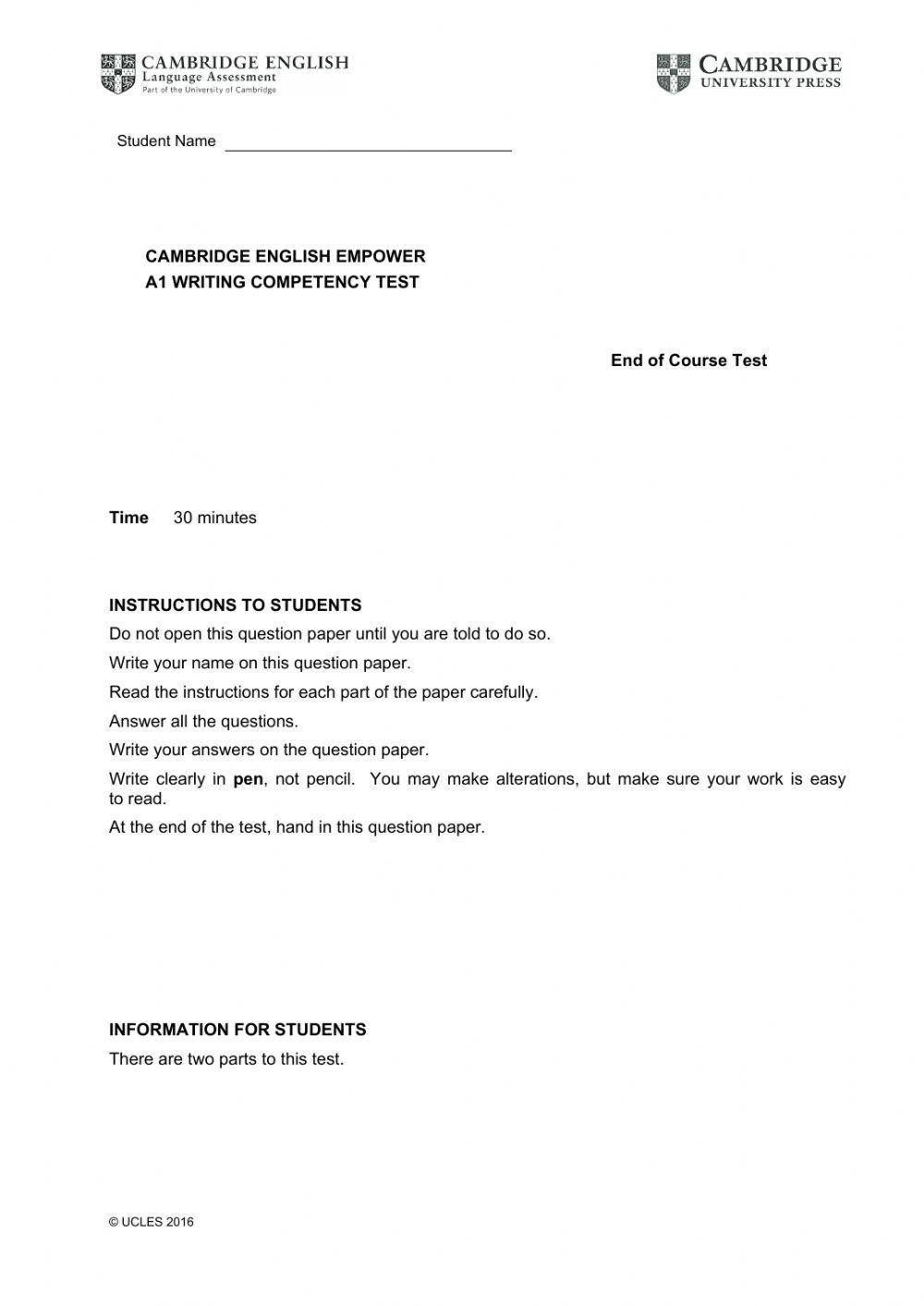 Empower A1. End of Course Test. Writing 5639752