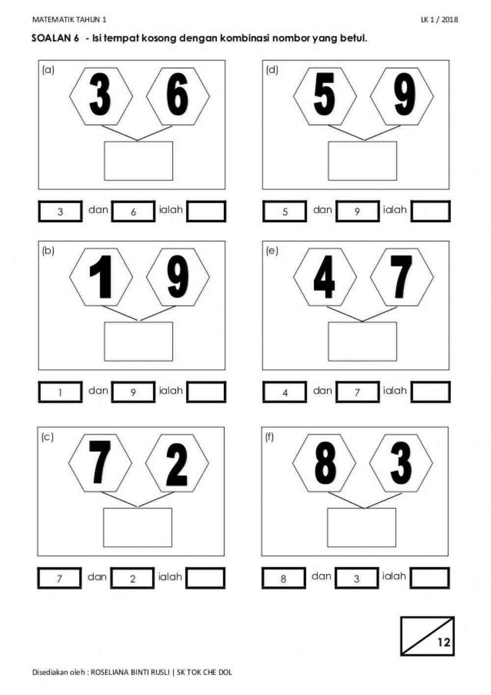 MATH TAHUN 1 KOMBINASI NOMBOR 1 online exercise for | Live Worksheets