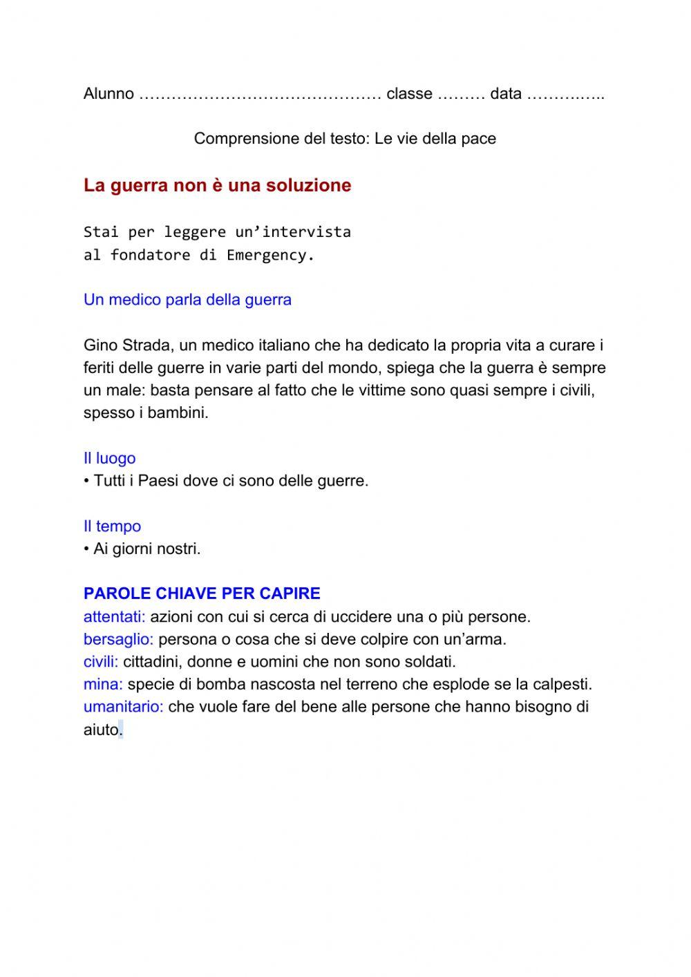 Le vie della pace worksheet | Live Worksheets