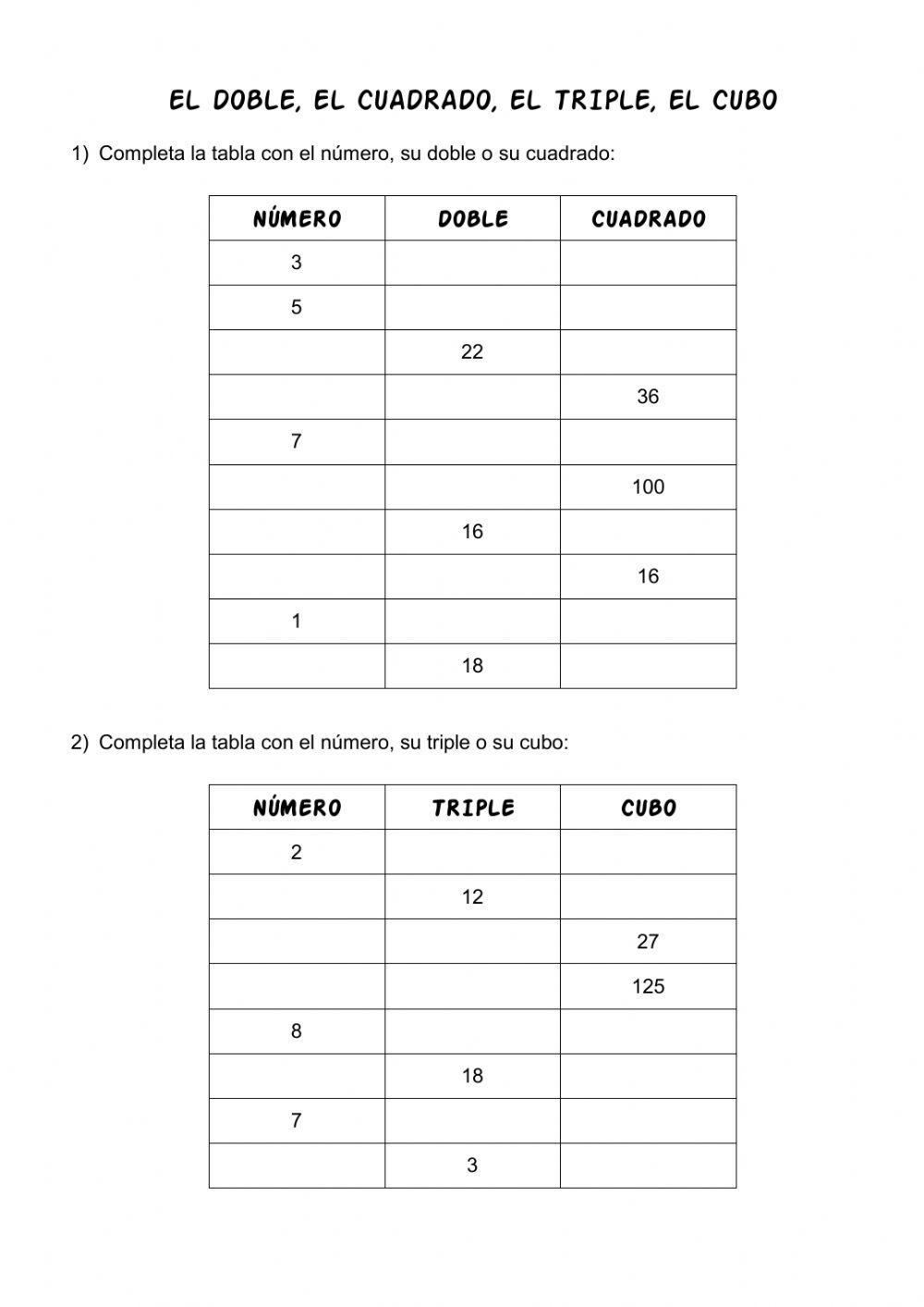 Doble, Cuadrado, Triple, Cubo worksheet | Live Worksheets
