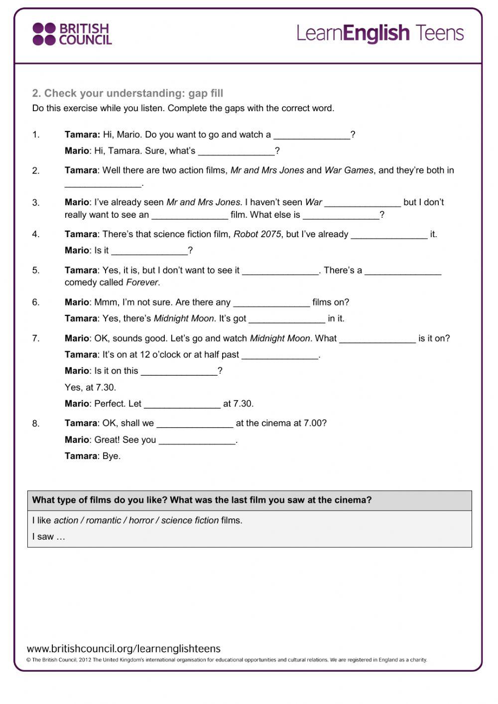 GOING TO THE CINEMA online exercise for | Live Worksheets