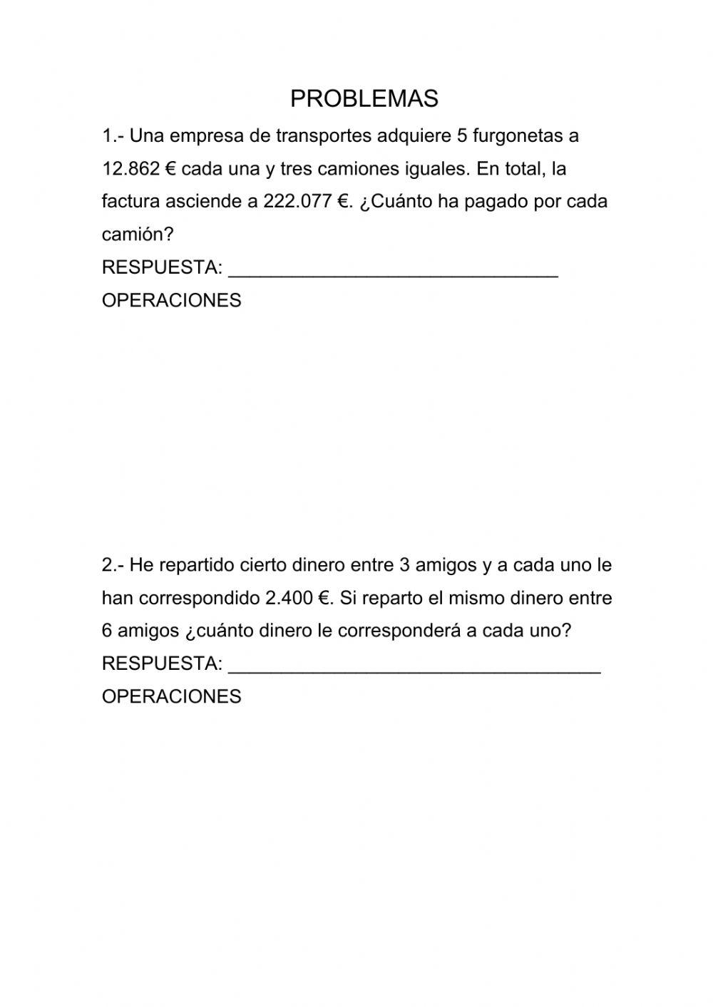 Problemas matem… | Free Interactive Worksheets | 184856