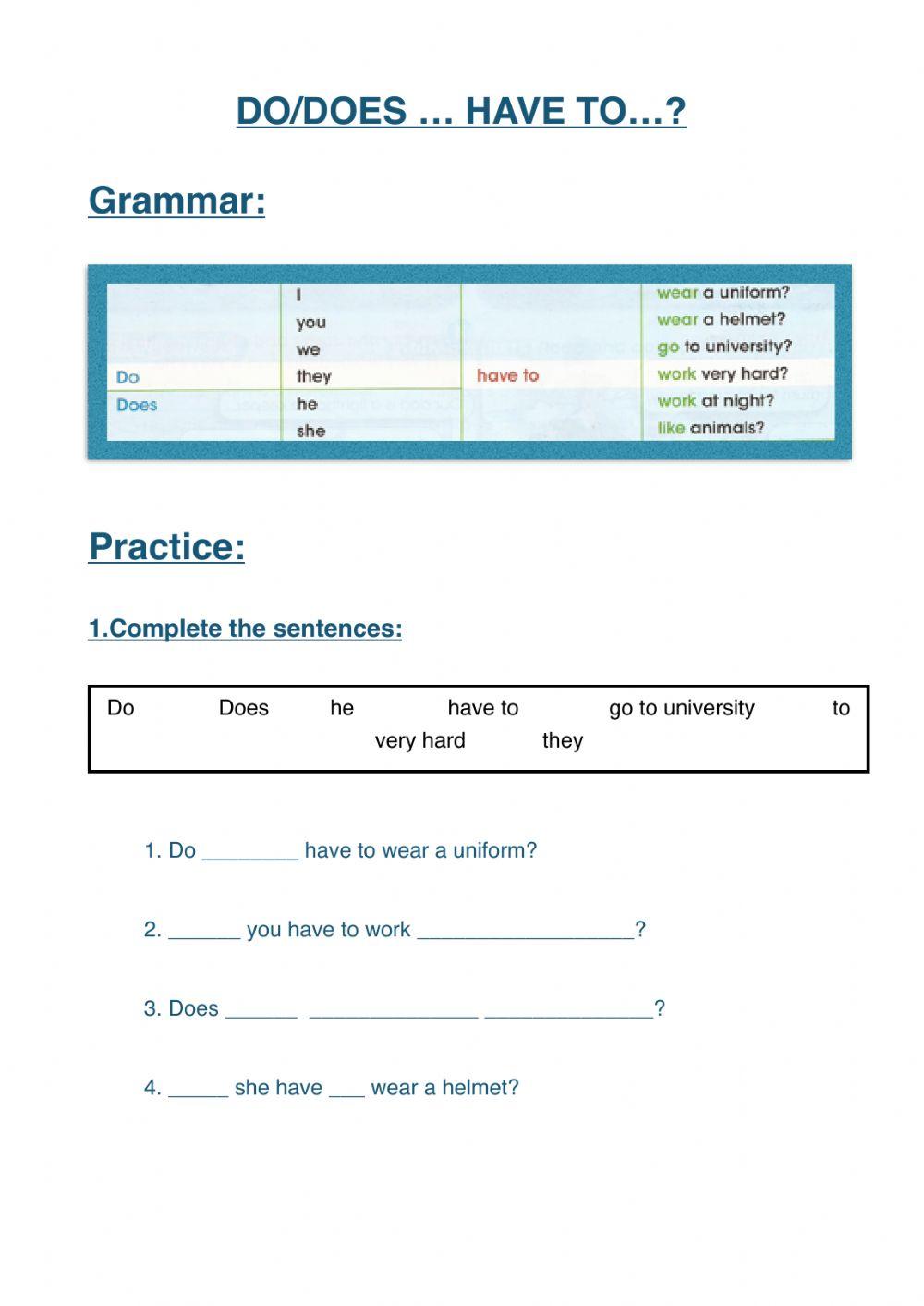 Do does have to worksheet | Live Worksheets