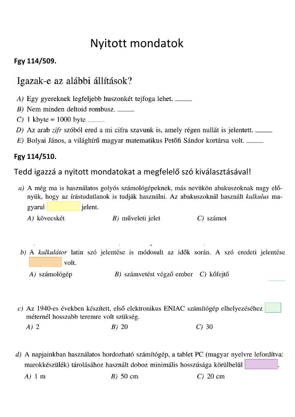 Nyitott mondatok | Free Interactive Worksheets | 185734