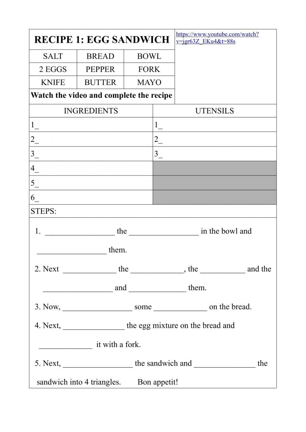 My own recipe worksheet | Live Worksheets
