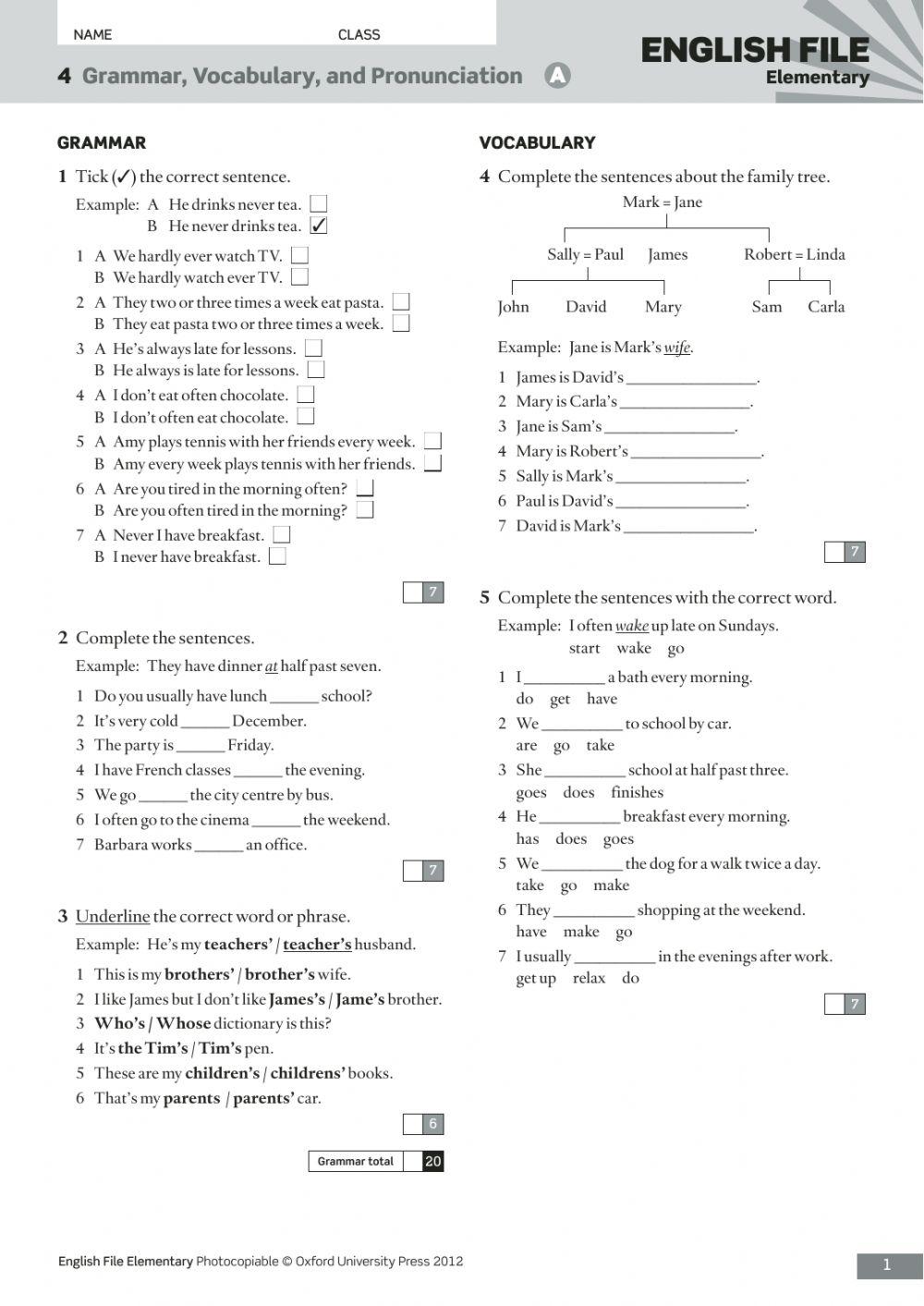 ENGLISH FILE ELEMENTARY UNIT TEST 4 5653970 | caroline01