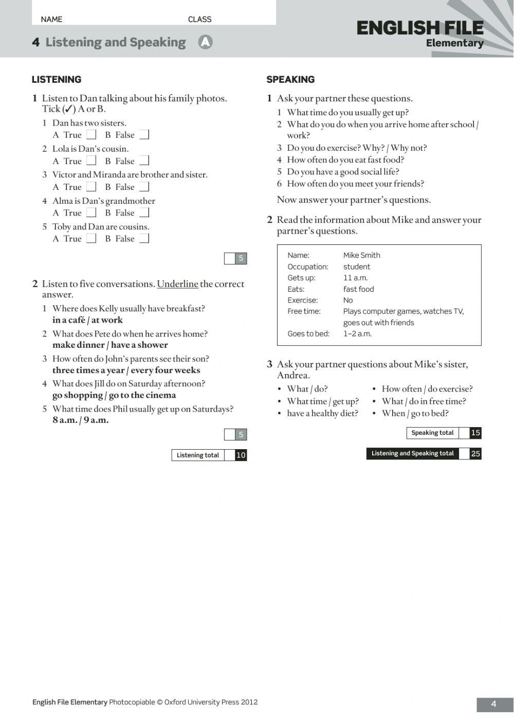 ENGLISH FILE ELEMENTARY UNIT TEST 4 5653970 | caroline01
