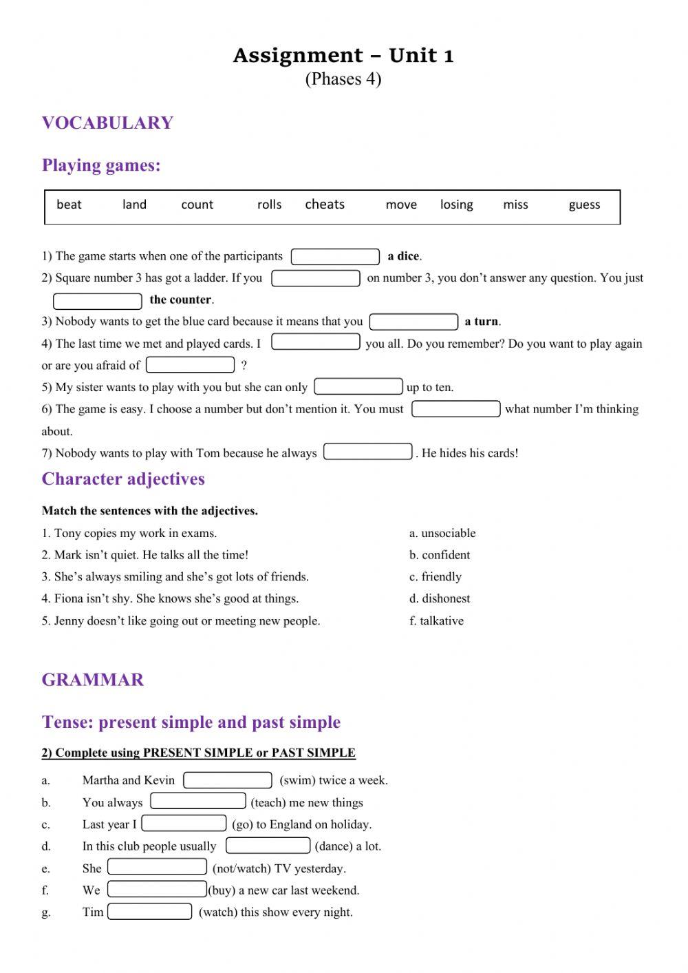 Assignment - unit 1 - 2nd year worksheet | Live Worksheets