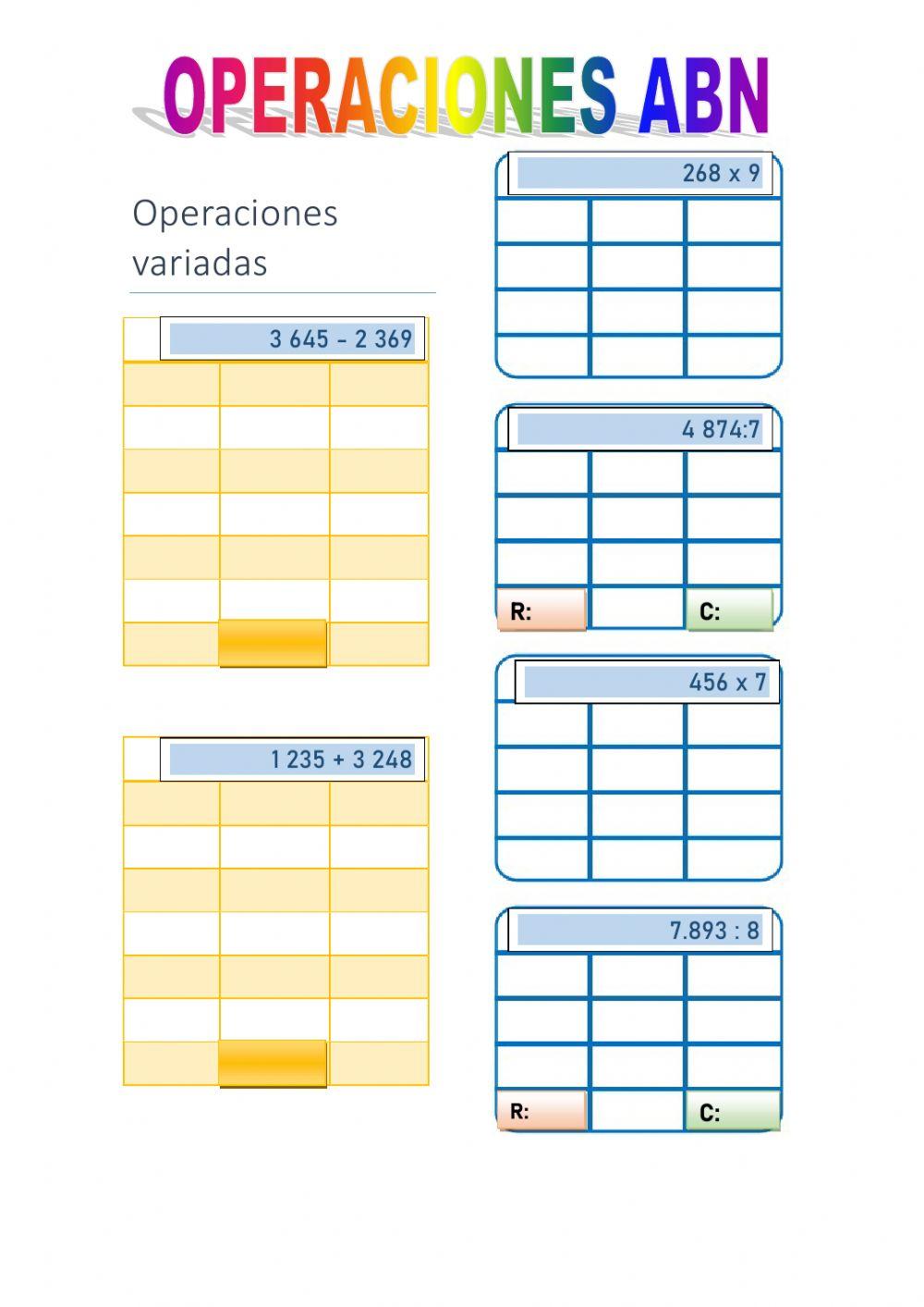 Operaciones variadas abn worksheet | Live Worksheets