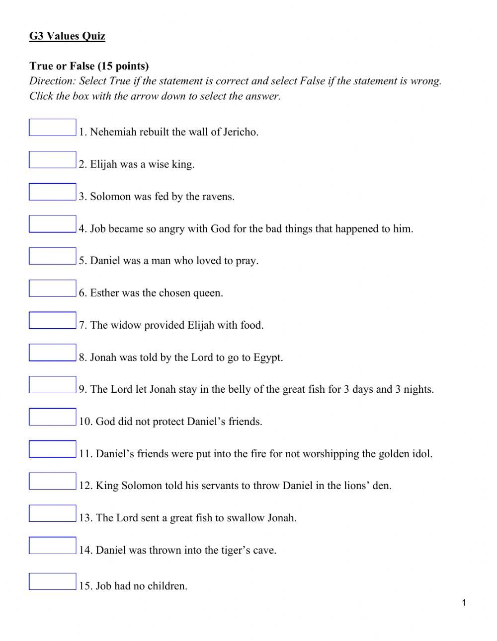 G3 Values Quiz worksheet | Live Worksheets