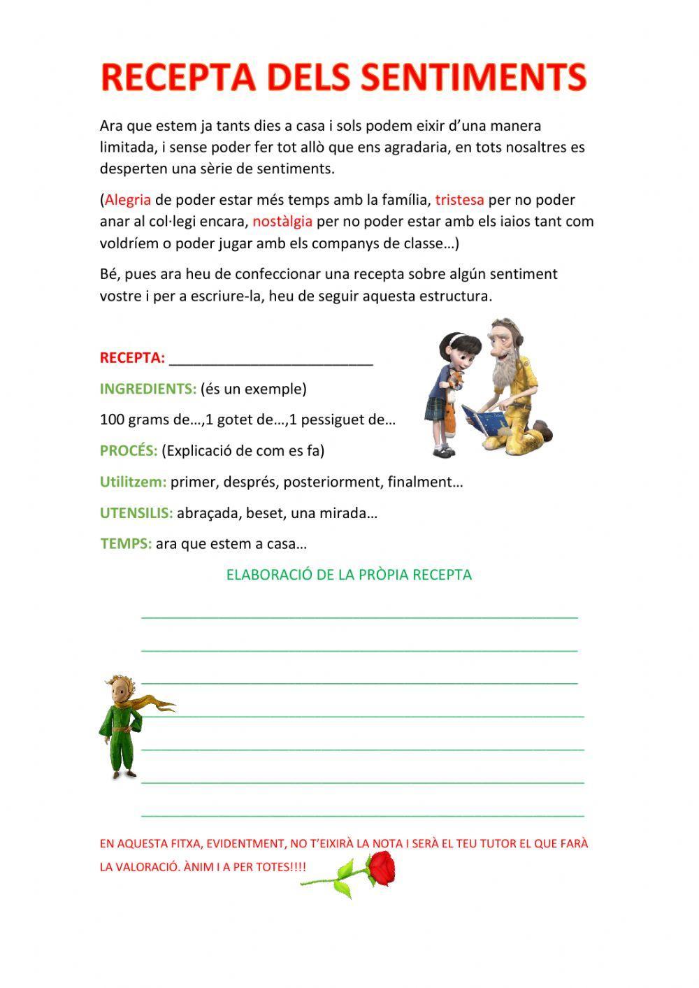 LA RECEPTA DELS SENTIMENTS ARA QUE ESTEM A CASA worksheet | Live Worksheets