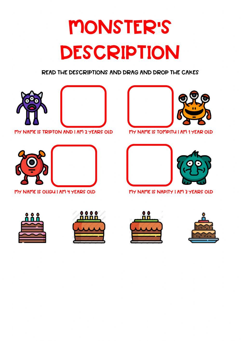 Monster's description worksheet | Live Worksheets