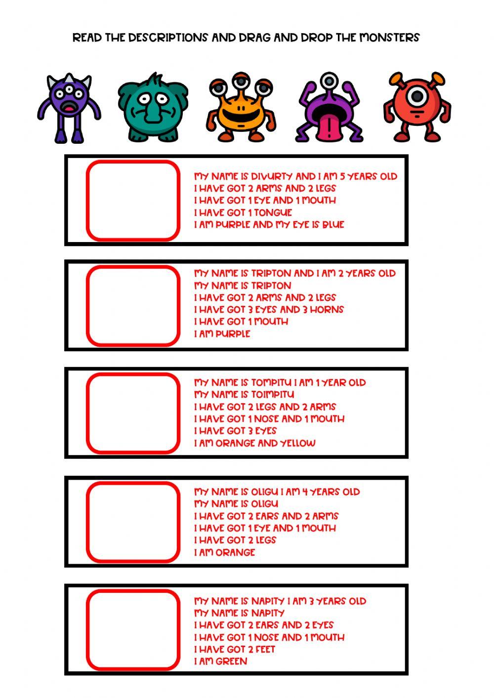 Monster's description worksheet | Live Worksheets