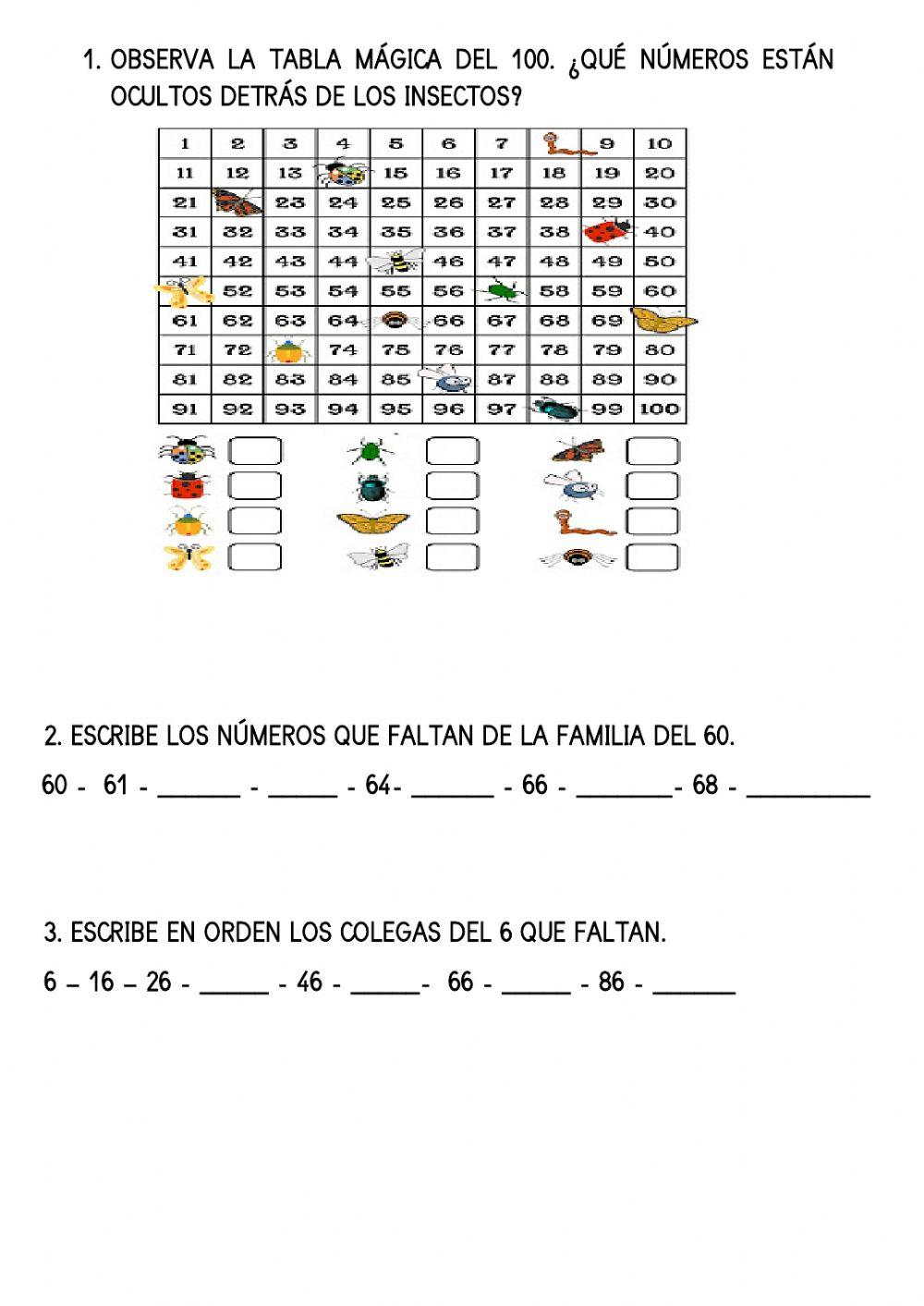 Tabla mágica del 100. Número ocultos, familias y colegas.