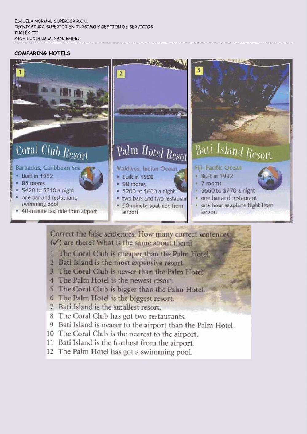 Comparing hotels online exercise for | Live Worksheets