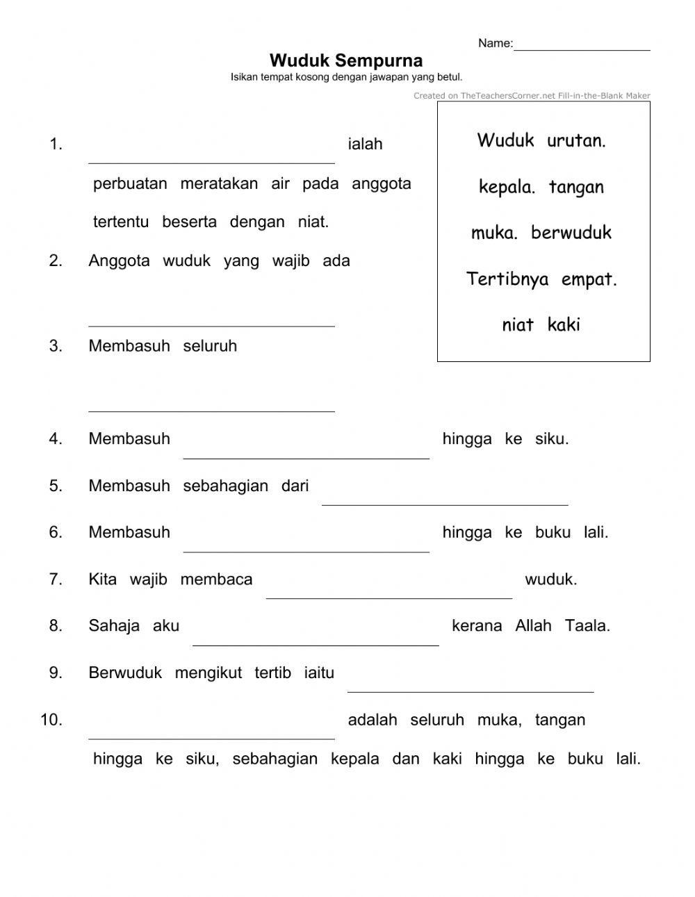 Wuduk Sempurna worksheet | Live Worksheets