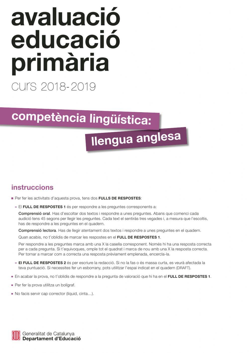 competència lingüística en llengua anglesa 1r part worksheet | Live Worksheets