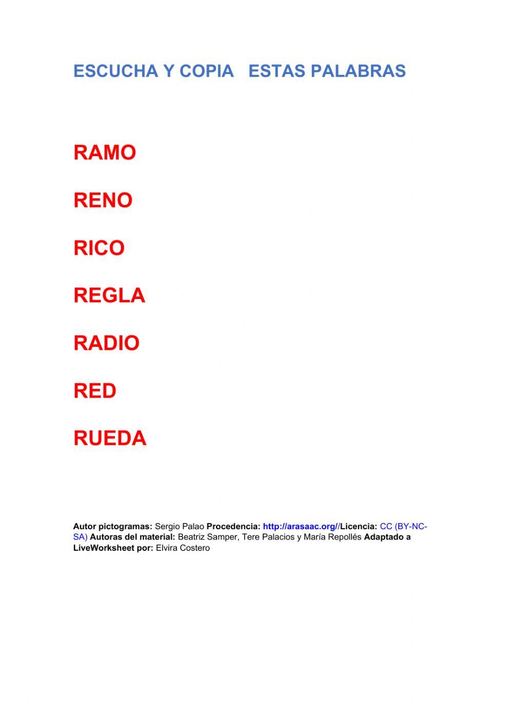 Escucha y copia estas palabras con r inicial worksheet | Live Worksheets