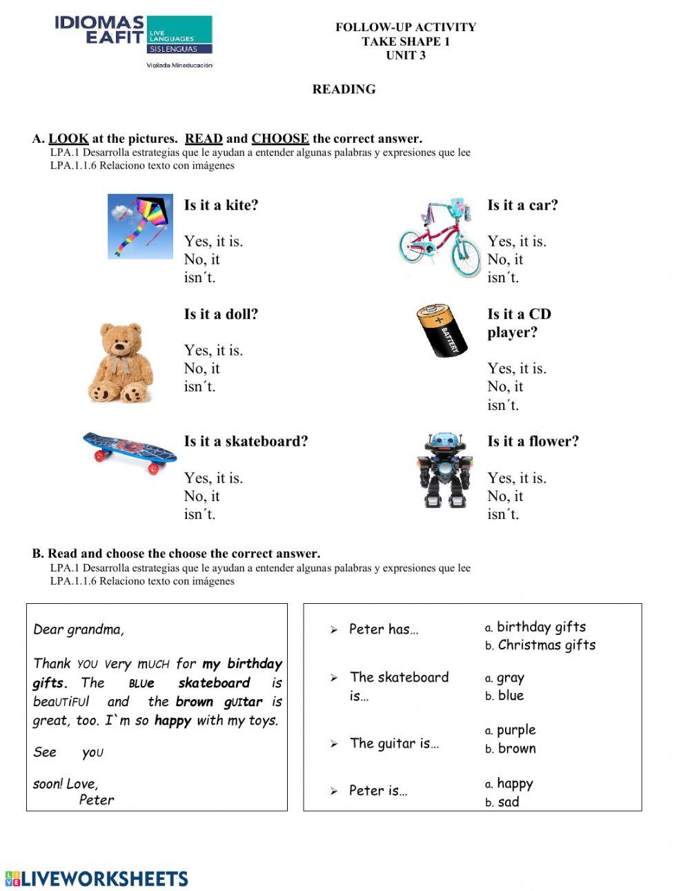 Take Shape 1 - Reading Exercise - Unit 3 200160 | Mary