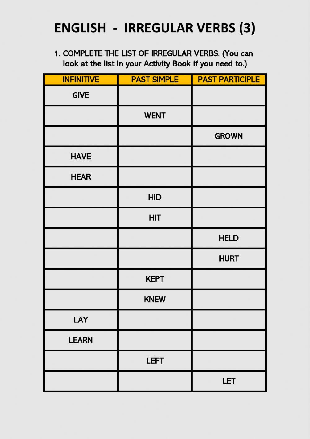 IRREGULAR VERBS 3 interactive exercise | Live Worksheets