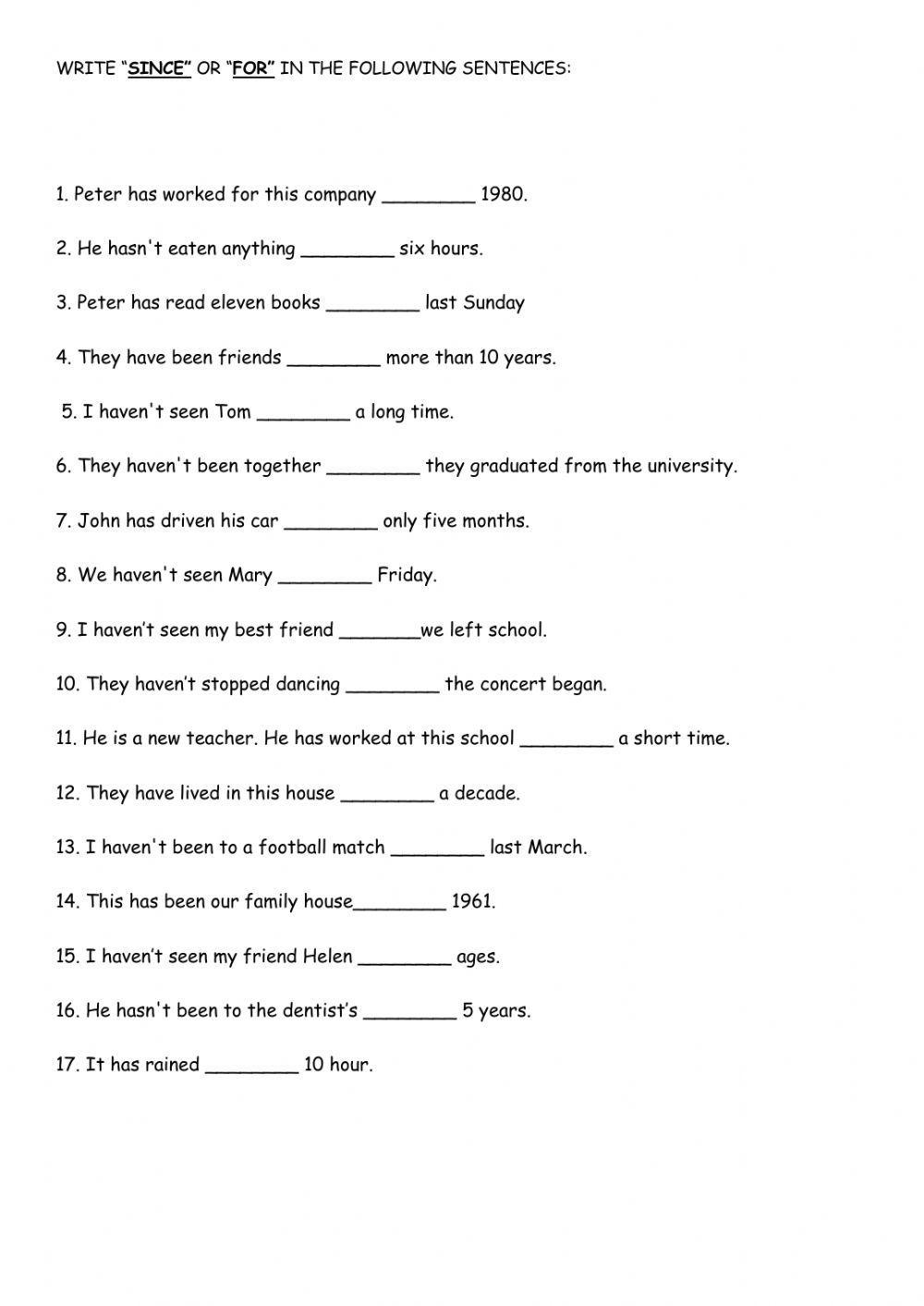 For and since activity | Live Worksheets
