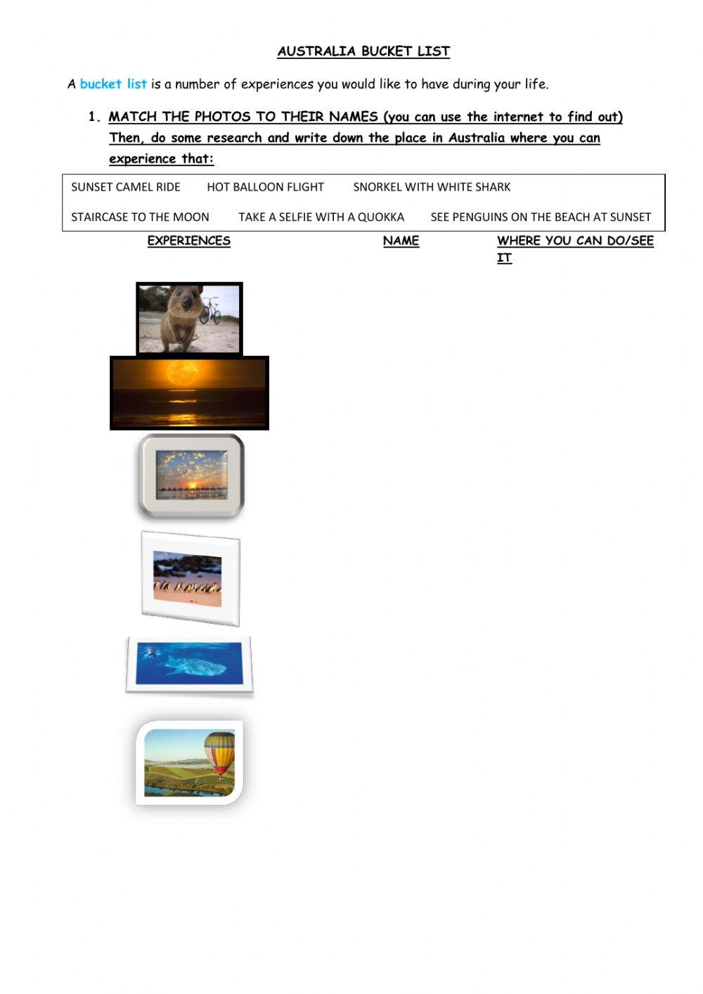 Australia bucket list worksheet | Live Worksheets