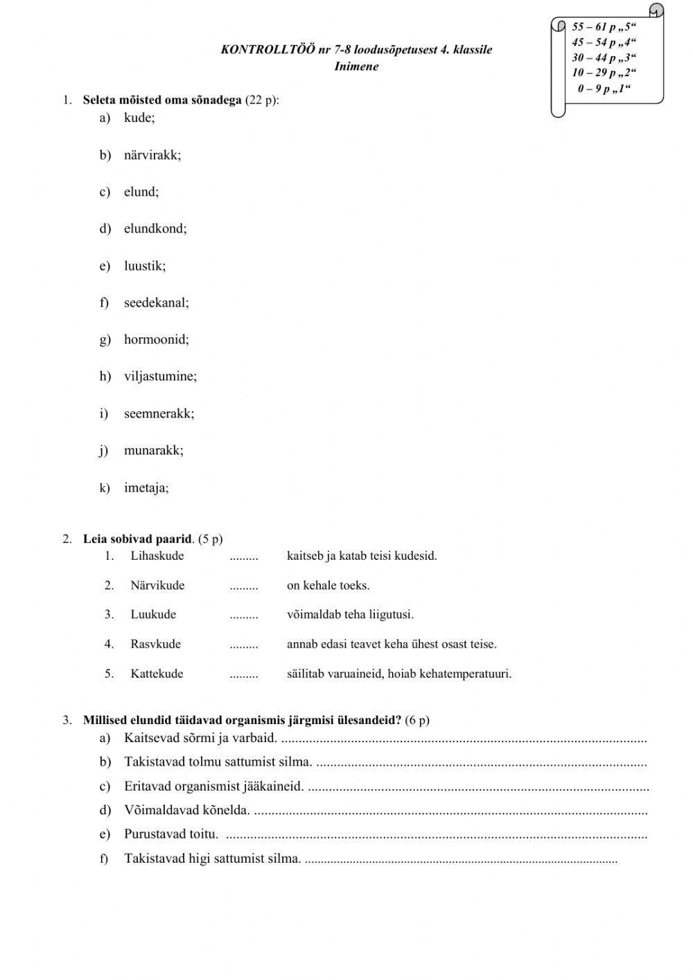 Loodusõpetus 4.kl Inimene worksheet | Live Worksheets