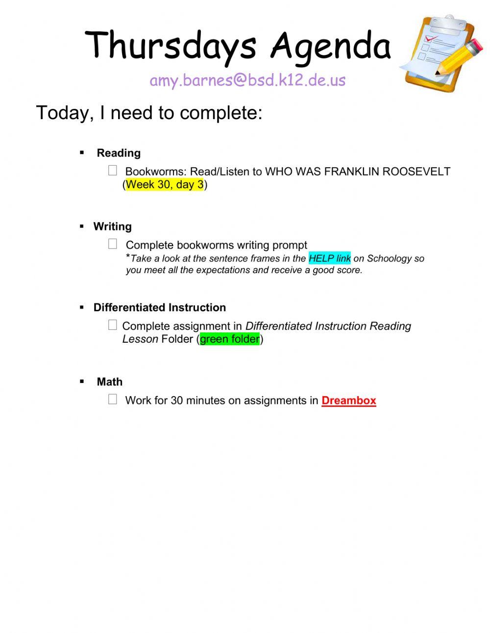 Thursday's Agenda exercise for GRADE 3 | Live Worksheets