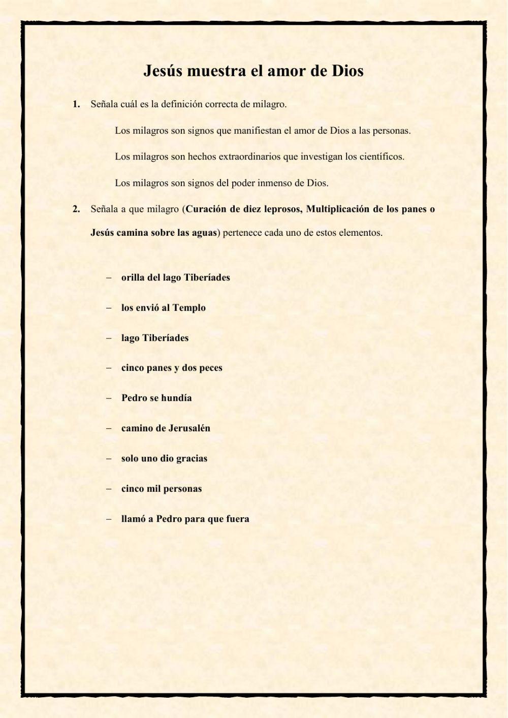 Jesús muestra el amor de Dios 5º worksheet | Live Worksheets