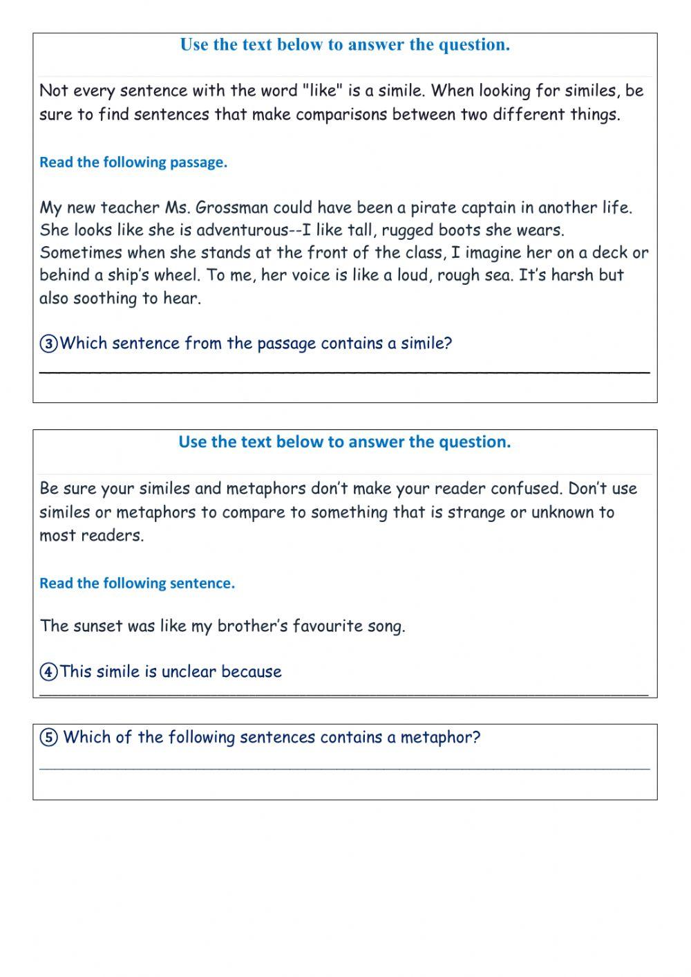 Figures of speech Comprehension. online exercise for | Live Worksheets