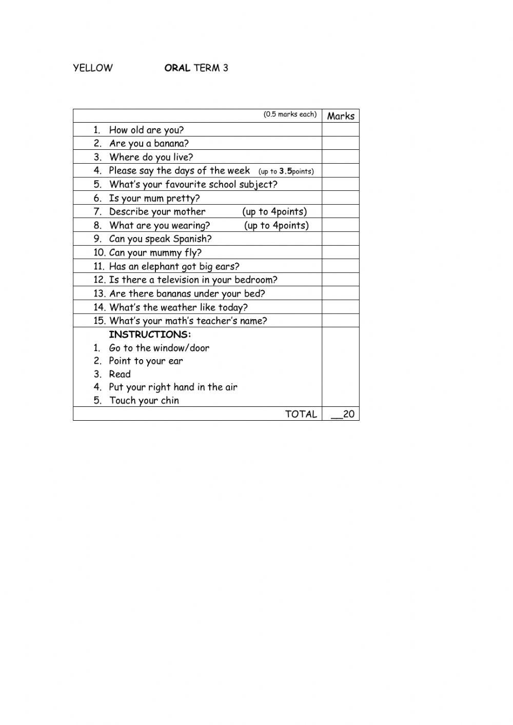 YELLOW Y1 ECAM T3 2020 worksheet | Live Worksheets